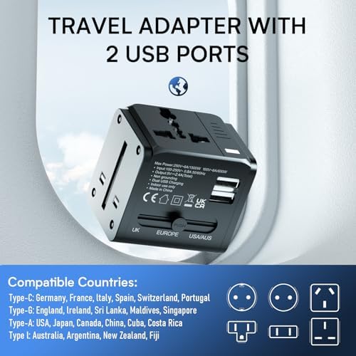Universal Travel Adapter, AUNNO International Travel Plug Adapter with 2 USB Ports, All in One ...